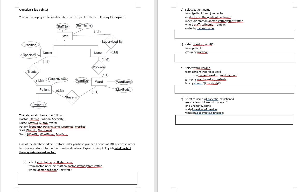 Solved Question 3 (10 points) b) select patient.name You are | Chegg.com