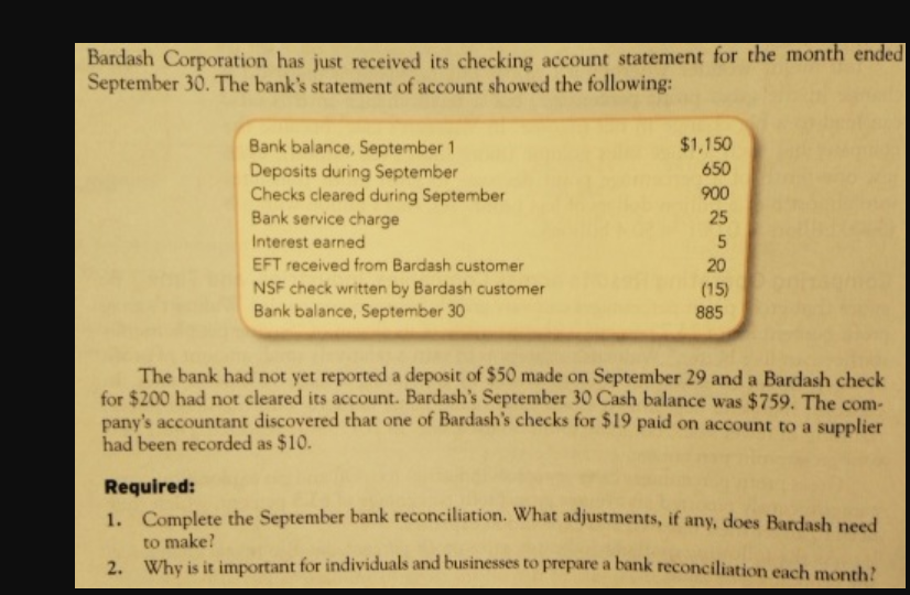 Solved Bardash Corporation has just received its checking | Chegg.com