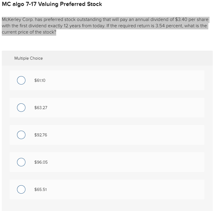 Solved MC algo 7-17 Valuing Preferred Stock Mckerley Corp. | Chegg.com
