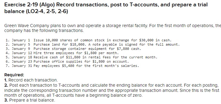 Solved Exercise 2-19 (Algo) Record transactions, post to | Chegg.com