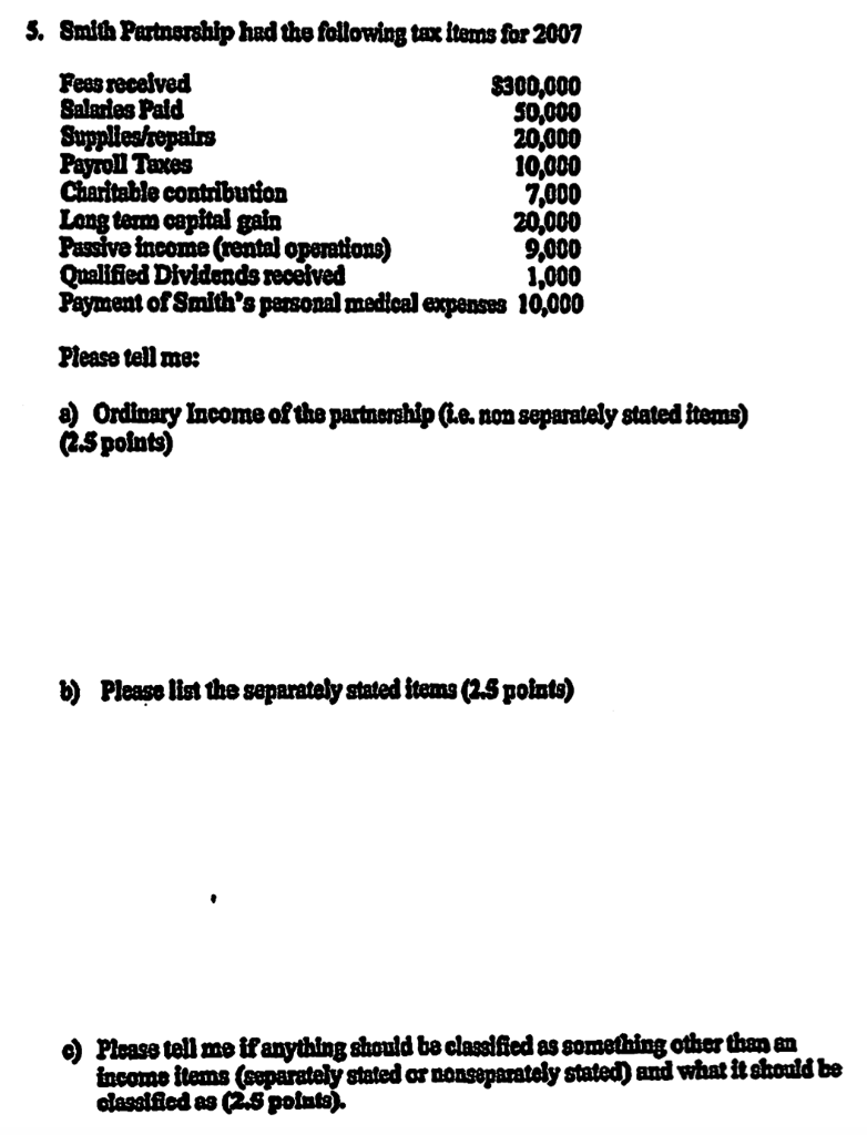 Solved 5. Smith Partnership had the following tax items for | Chegg.com