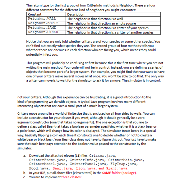 Solved 1. (40 points) "Critters" This assignment will give | Chegg.com