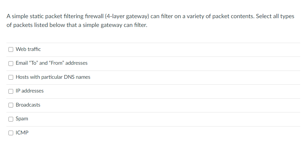 Solved A simple static packet filtering firewall (4-layer | Chegg.com