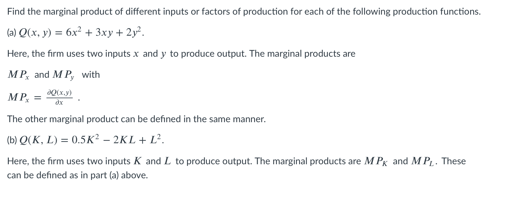 Solved Find the marginal product of different inputs or | Chegg.com