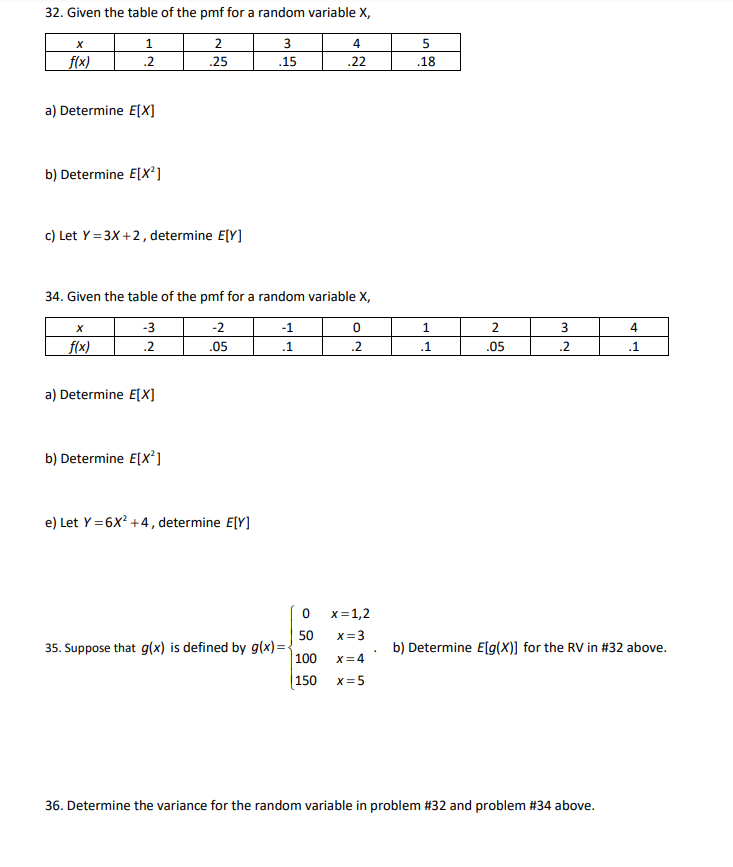 Solved 32. Given the table of the pmf for a random variable | Chegg.com