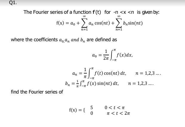 Solved The Fourier series of a function f(t) for −n | Chegg.com