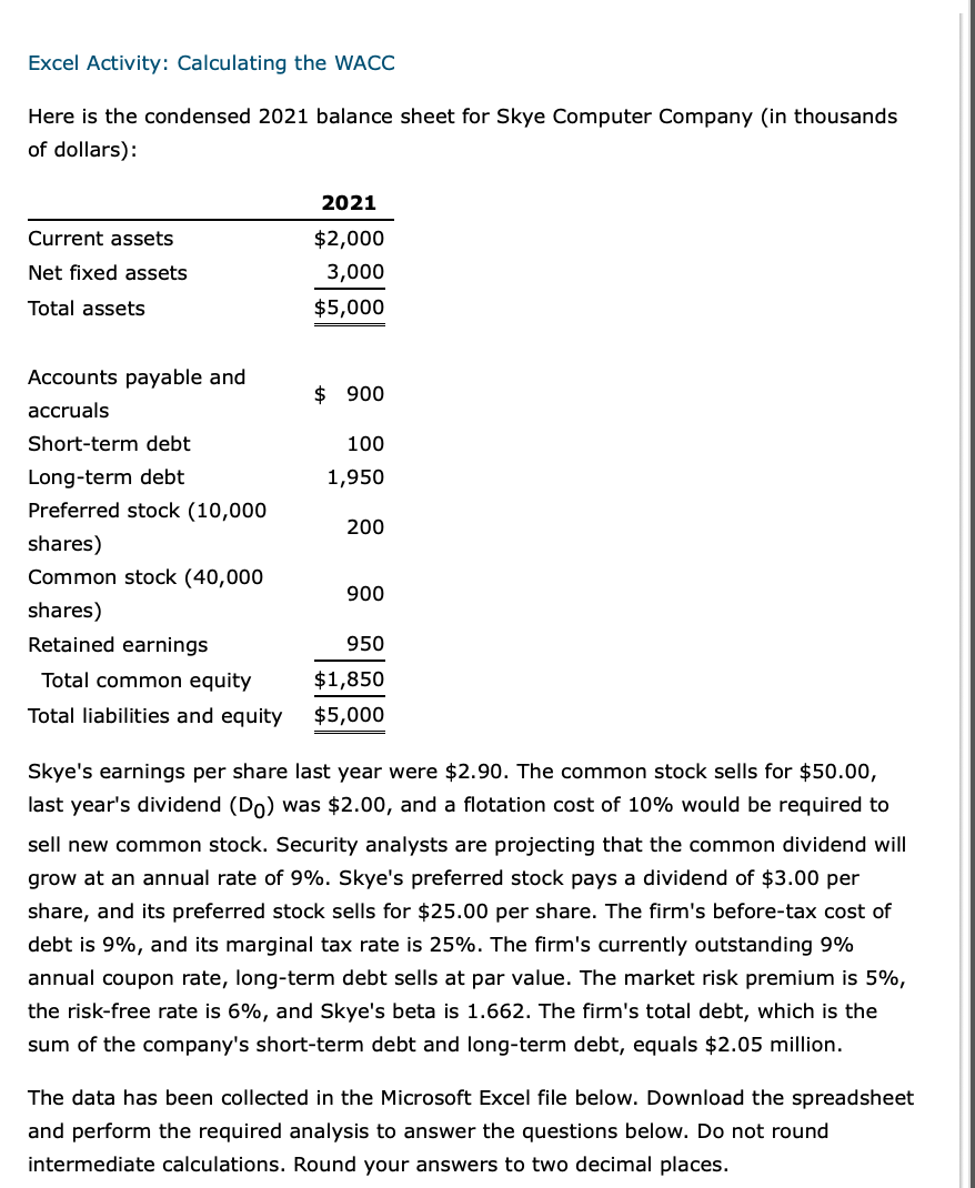 Solved Excel Activity: Calculating the WACC Here is the | Chegg.com
