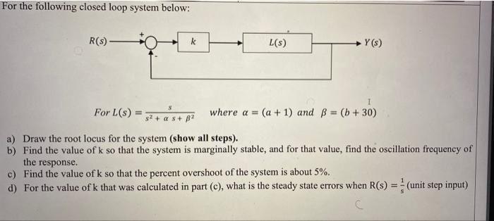 Solved For the following closed loop system below: R(S) k | Chegg.com