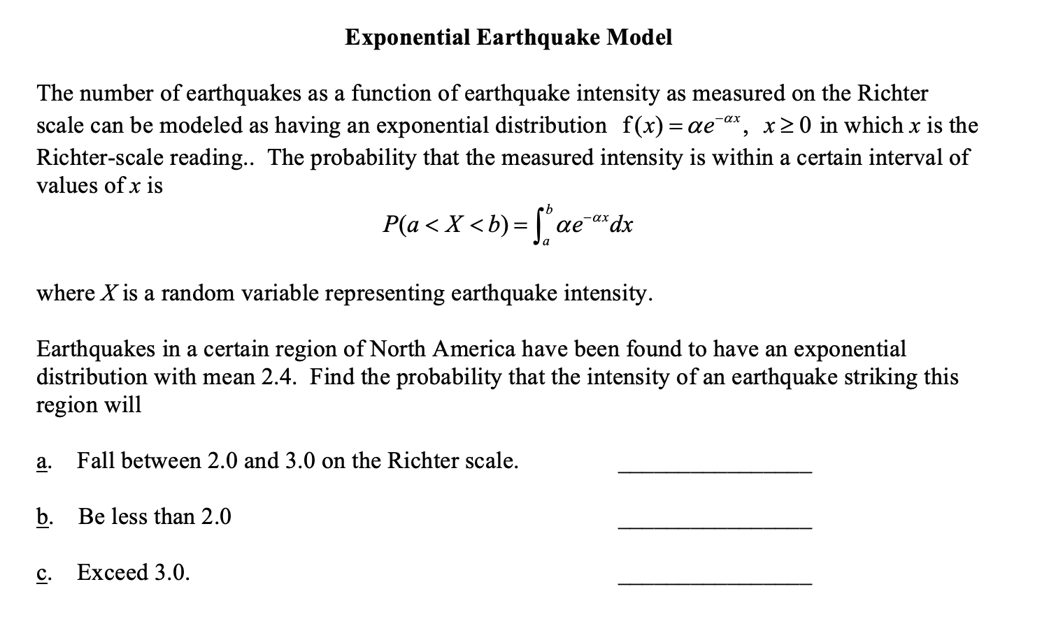 Solved Exponential Earthquake Model The number of | Chegg.com