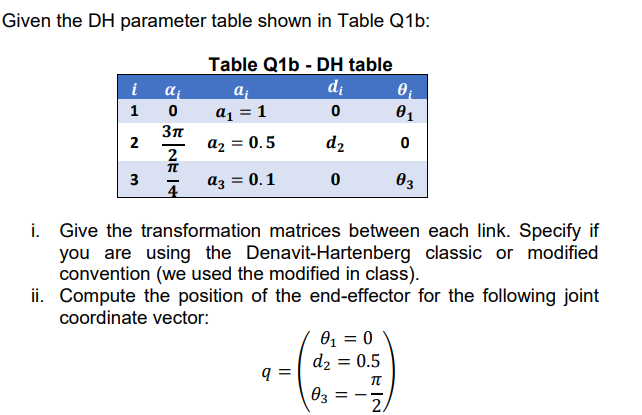 Solved Given the DH parameter table shown in Table Q1b: | Chegg.com