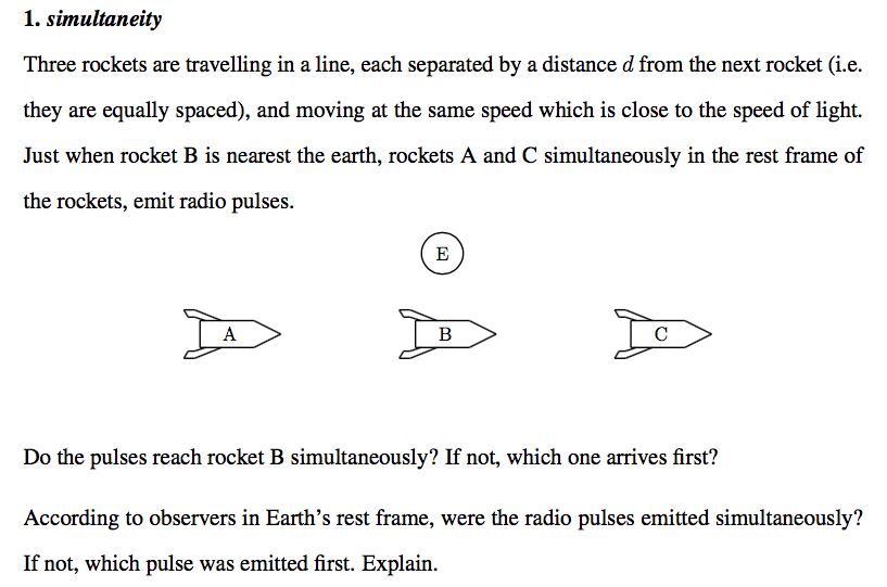Solved 1. simultaneity Three rockets are travelling in a | Chegg.com