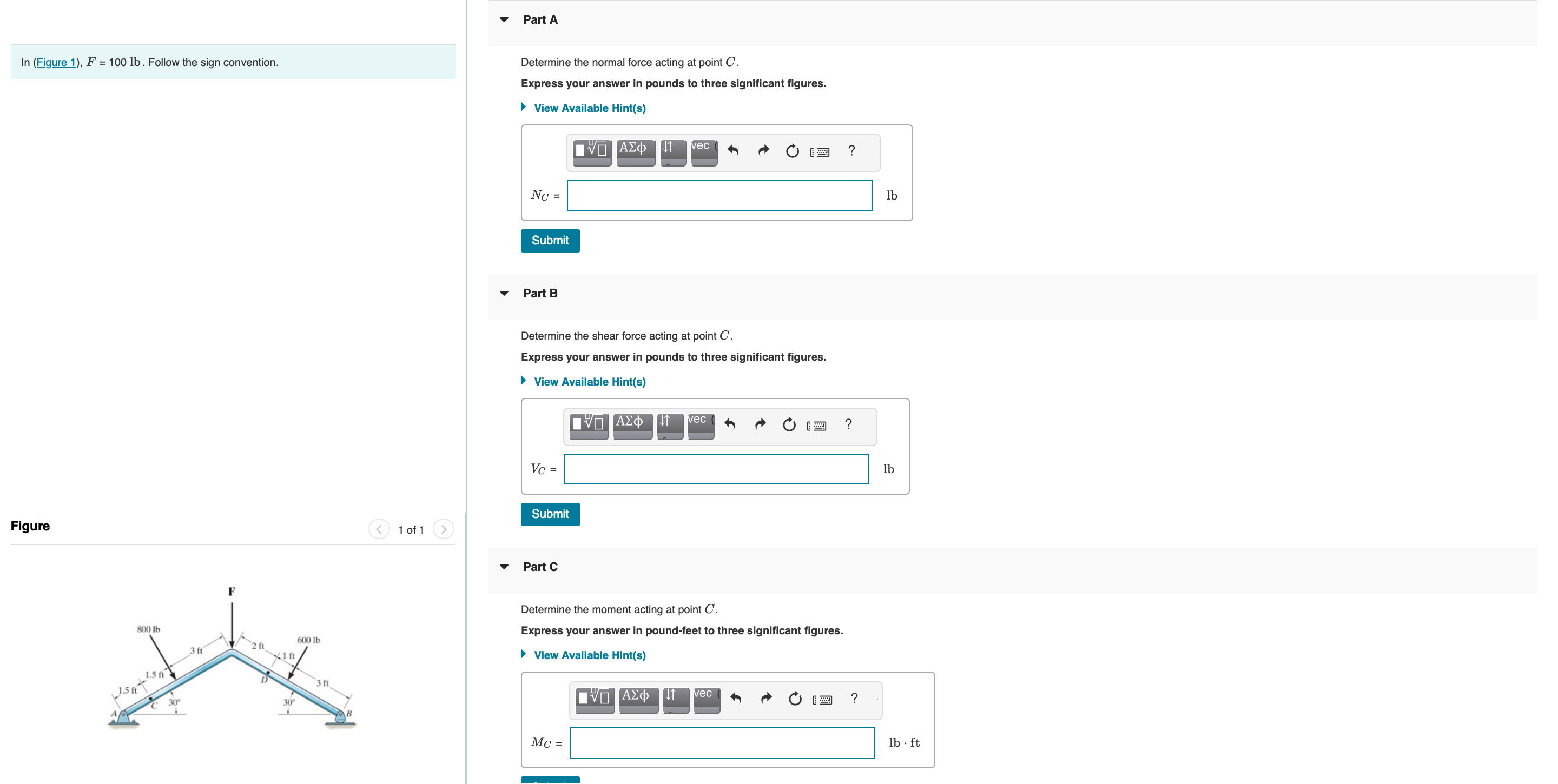 Solved In (Figure 1), F=100lb. Follow the sign convention. | Chegg.com