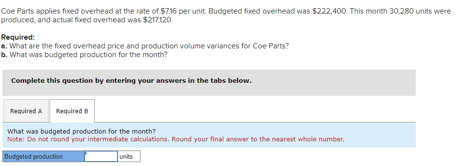 Solved Coe Parts applies fixed overhead at the rate of $7.16 | Chegg.com