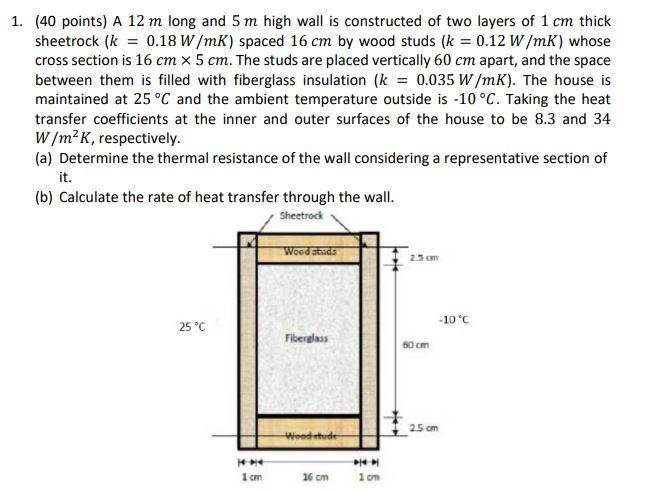 Solved 1. (40 points) A 12 m long and 5 m high wall is | Chegg.com