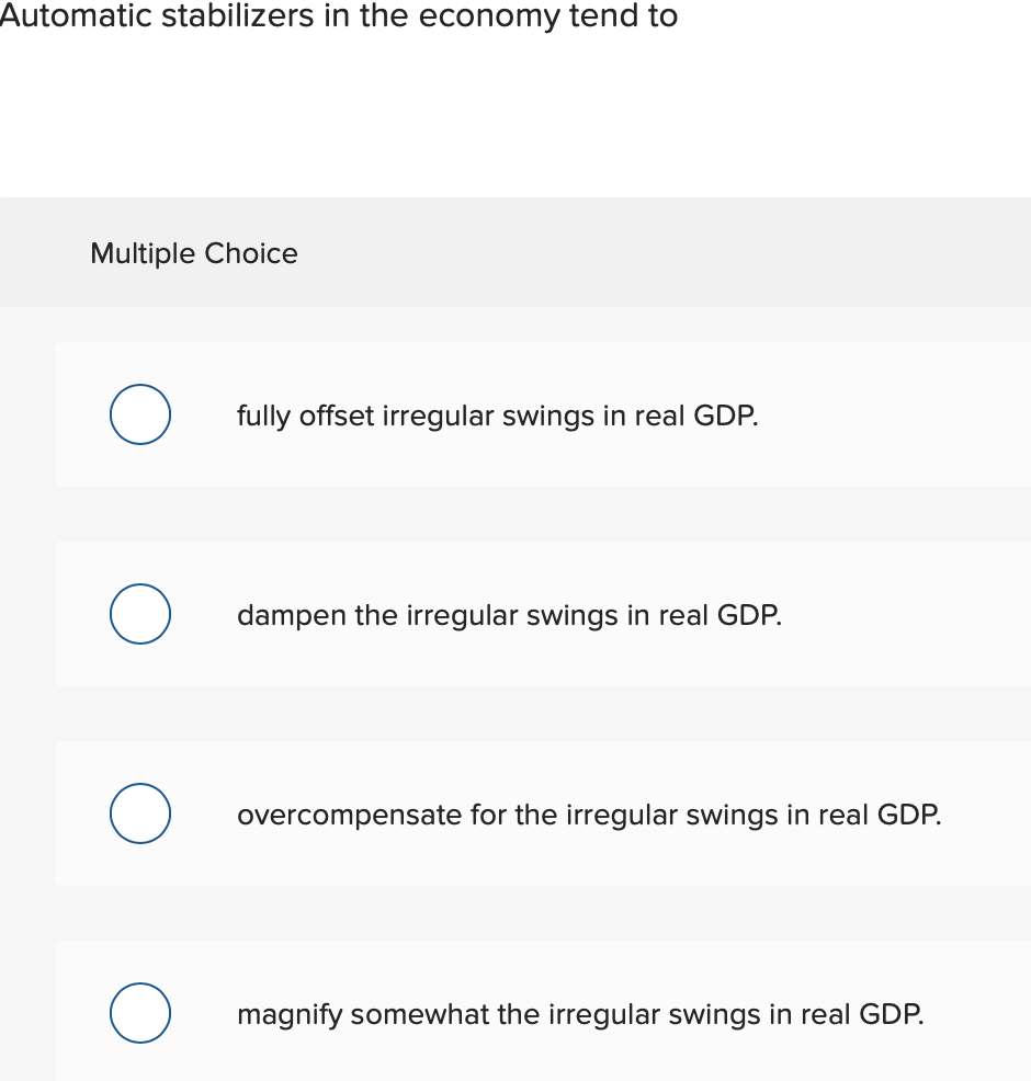 Solved Automatic stabilizers in the economy tend to Multiple | Chegg.com