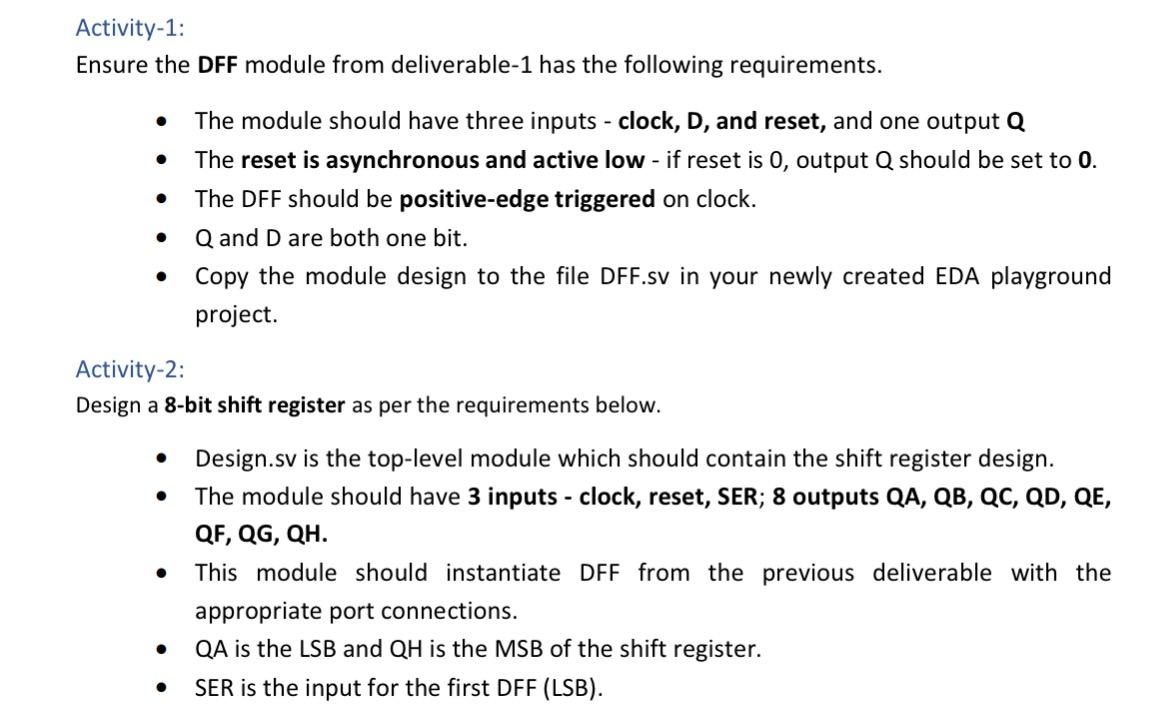 Solved Activity-1: Ensure the DFF module from deliverable-1 | Chegg.com