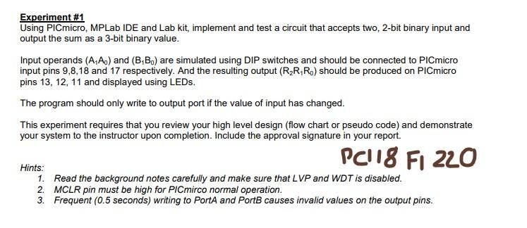 Experiment #1 Using PICmicro, MPLab IDE and Lab kit, | Chegg.com