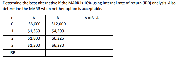 Solved Determine the best alternative if the MARR is 10% | Chegg.com