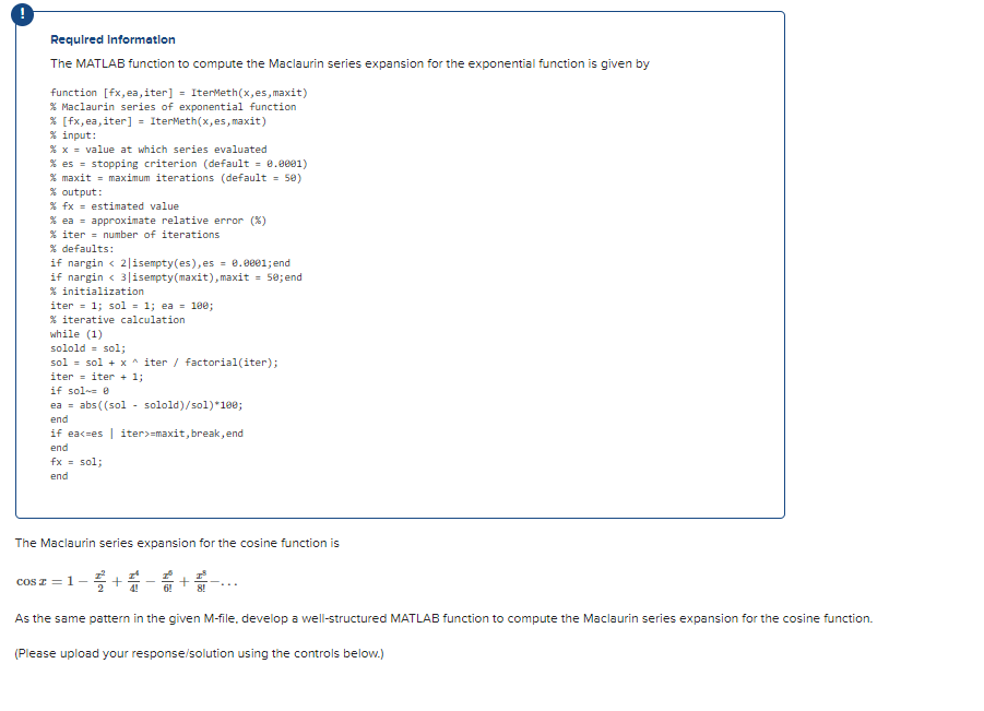 Solved ! Required Information The MATLAB function to compute | Chegg.com
