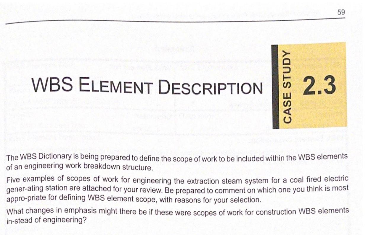 Solved 59 WBS ELEMENT DESCRIPTION CASE STUDY 2.3 The WBS | Chegg.com