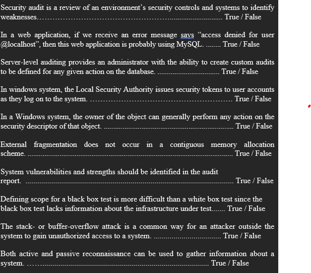 Solved Security audit is a review of an environment's | Chegg.com