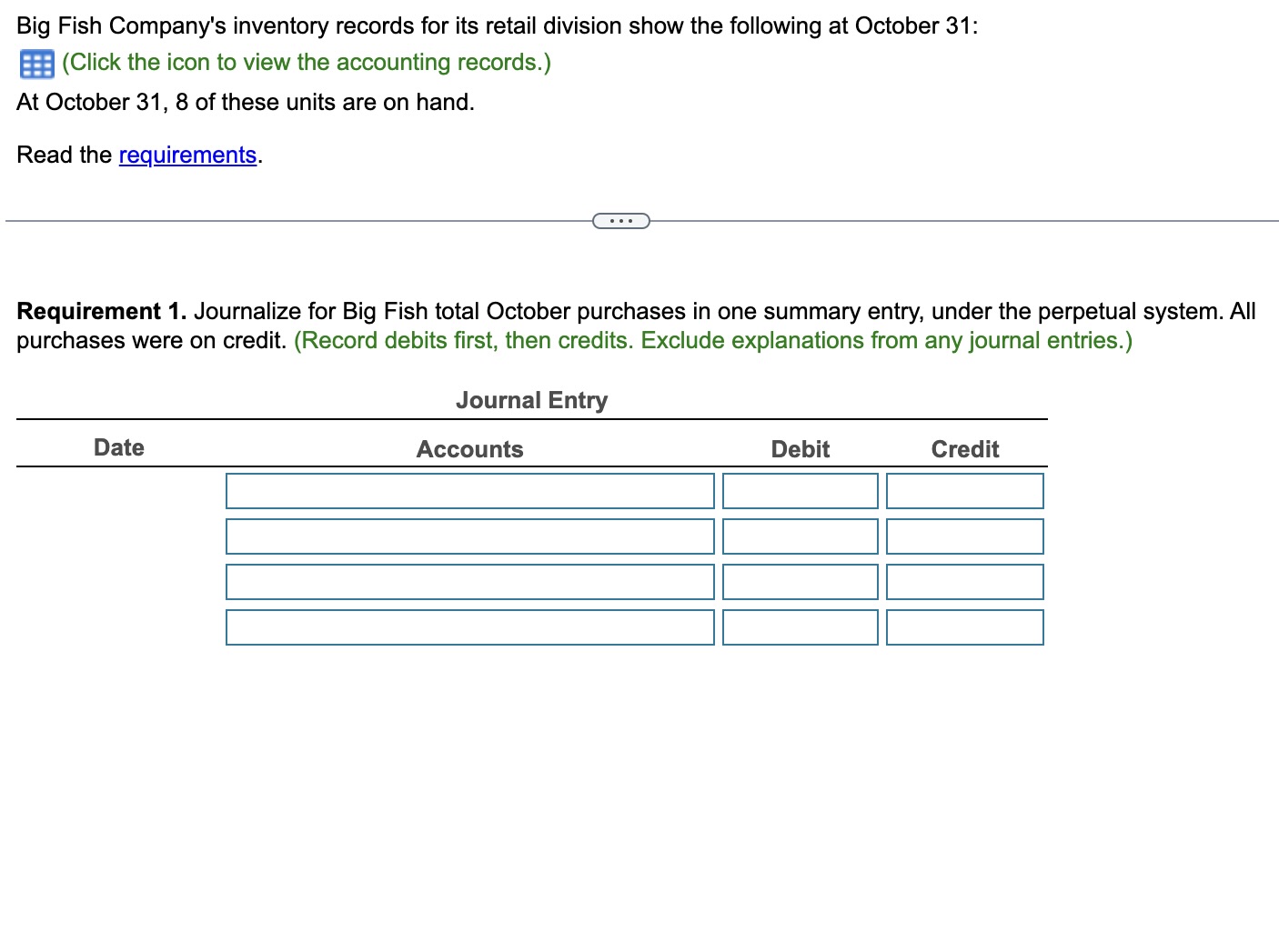 Solved Big Fish Company's inventory records for its retail | Chegg.com