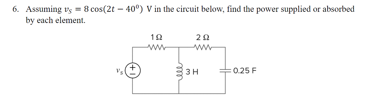 Solved Assuming vS=8cos(2t−40∘)V in the circuit below, find | Chegg.com