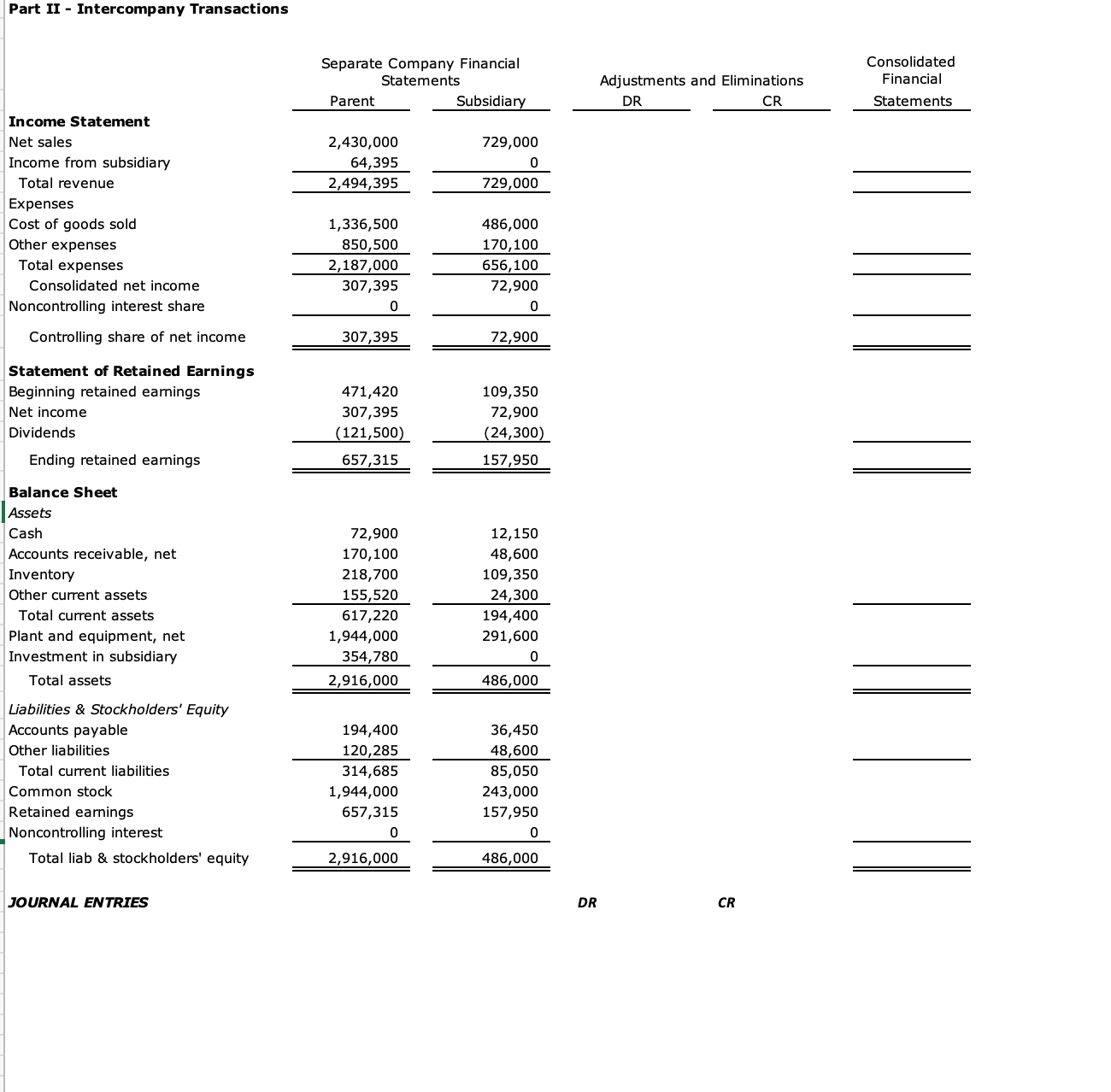 Part II Intercompany Transactions Facts: Sub Co is a | Chegg.com