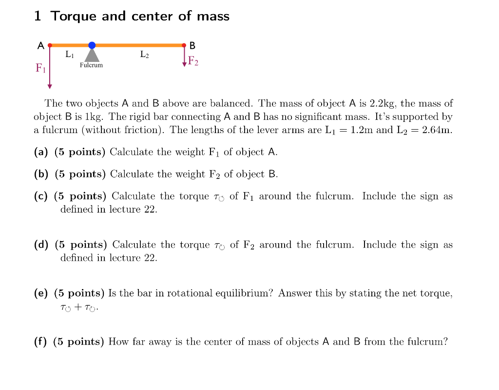 Solved 1 Torque And Center Of Mass All Jf Fulcrum The Two