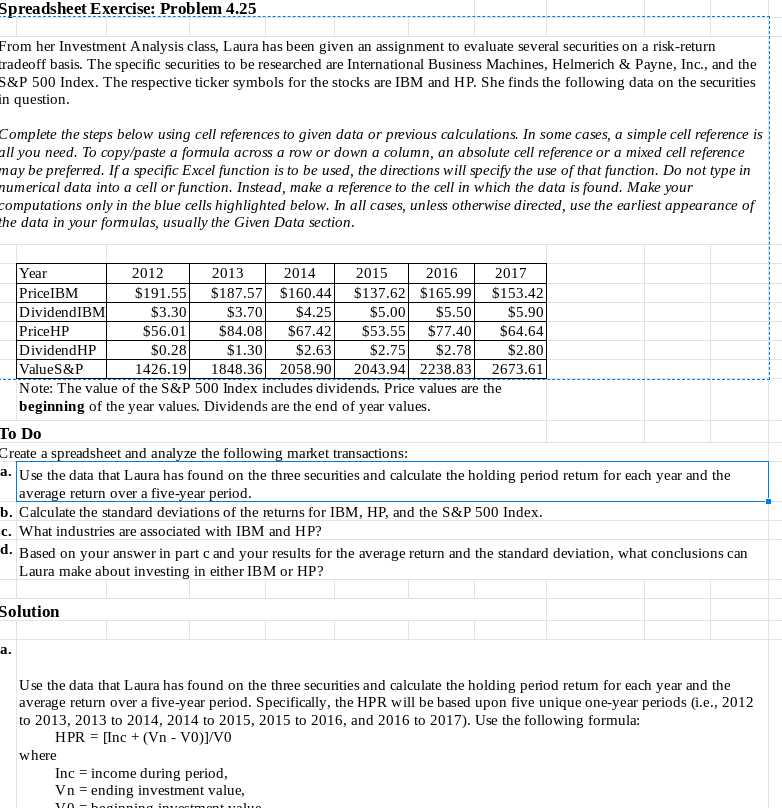 Solved Spreadsheet Exercise: Problem 4.25 From her | Chegg.com