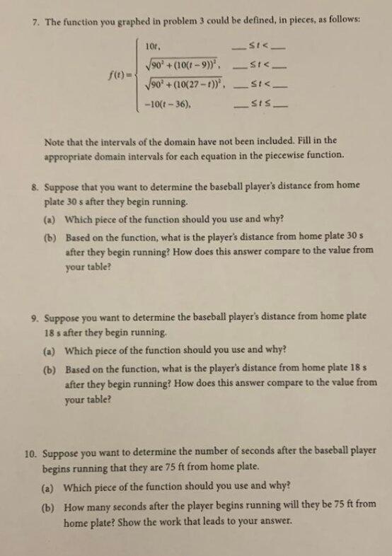 Distance (ft)7. The function you graphed in problem 3 | Chegg.com