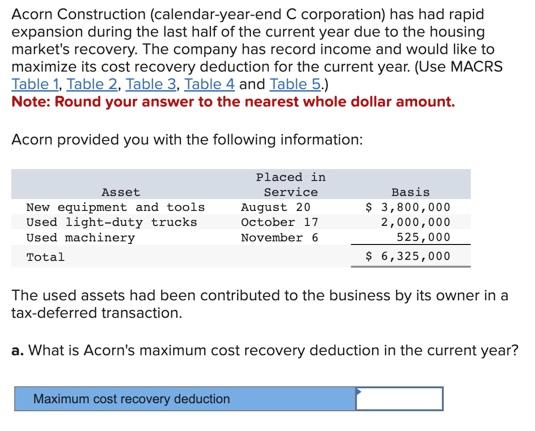 Acorn Construction (calendar-year-end C corporation) | Chegg.com