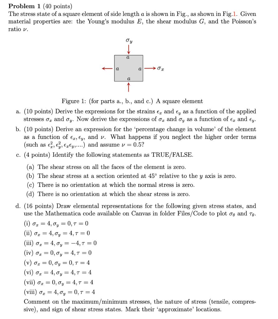 Problem 1 (40 points) The stress state of a square | Chegg.com