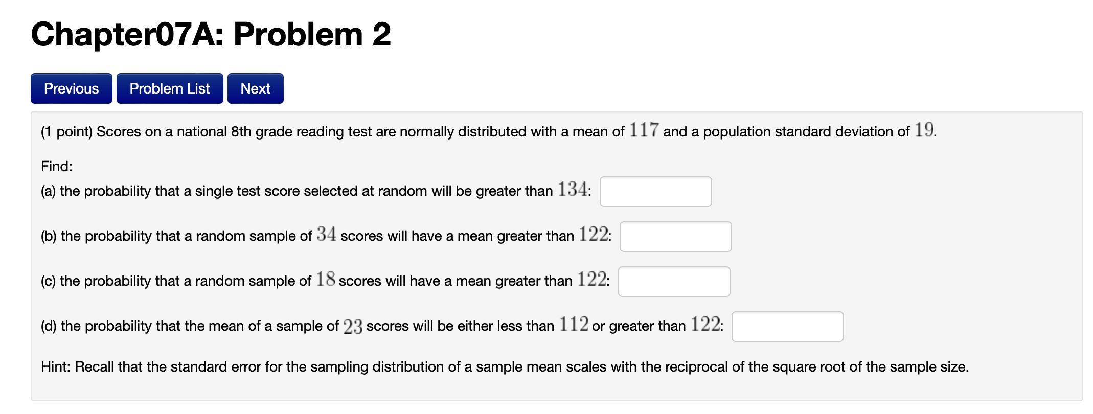 Solved (1 point) Scores on a national 8th grade reading test | Chegg.com