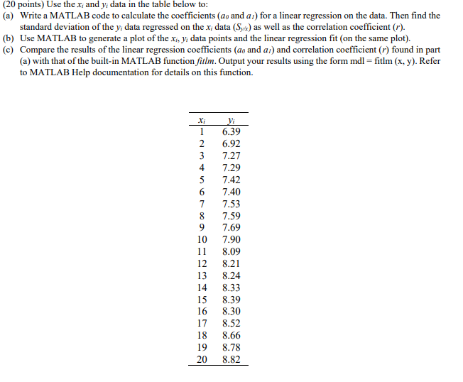 Solved (20 points) Use the xi and yi data in the table below | Chegg.com