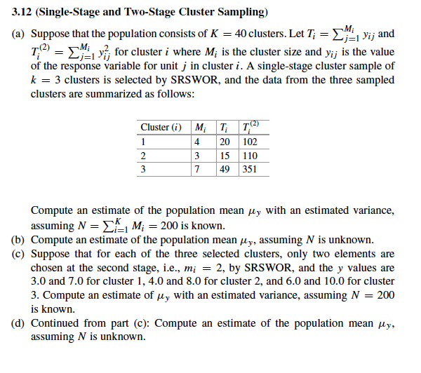 3.12 (Single-Stage and Two-Stage Cluster Sampling) M | Chegg.com