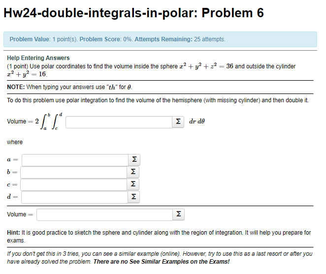 Solved Hw24-double-integrals-in-polar: Problem 6 Problem | Chegg.com