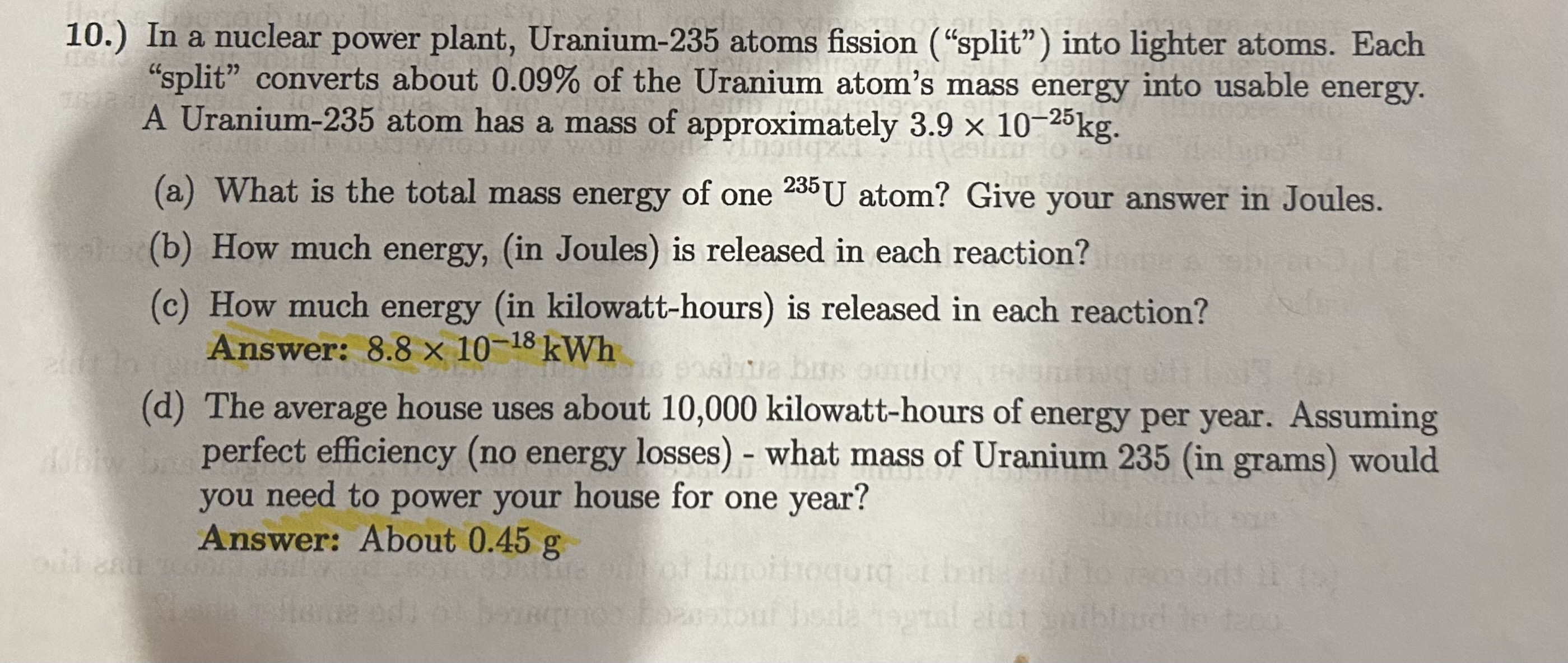Solved 10.) In a nuclear power plant, Uranium-235 atoms | Chegg.com