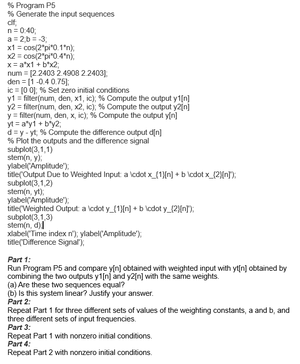Solved Part 1: Run Program P5 and compare y[n] obtained with | Chegg.com