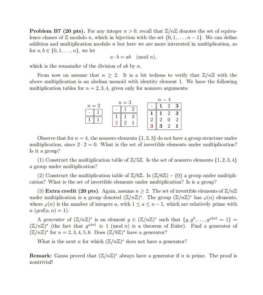 Solved Problem B7 (20 pts). For any integer n>0, recall that | Chegg.com