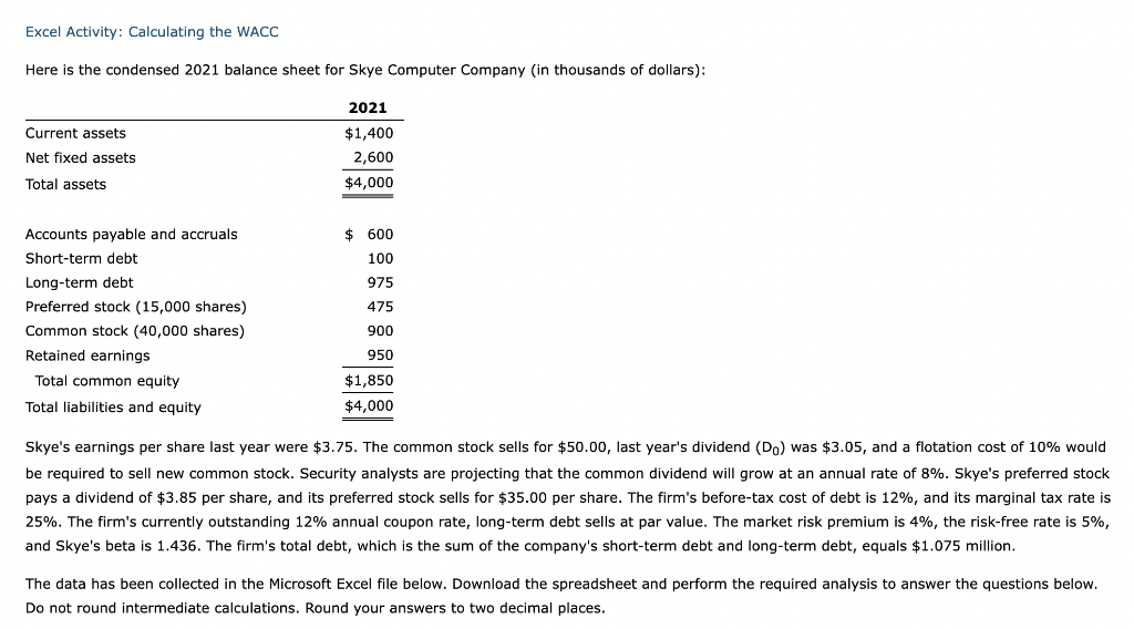Solved Excel Activity: Calculating the WACC Here is the | Chegg.com
