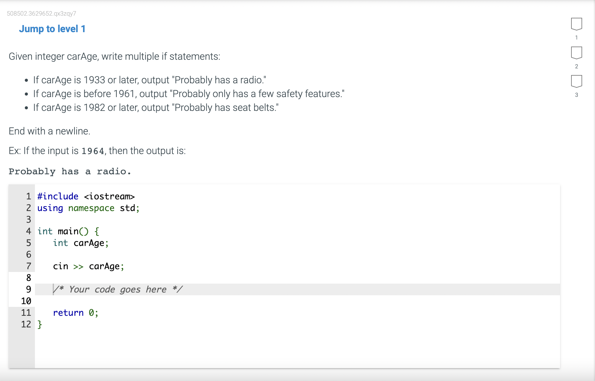 Solved Jump to level 1 Given integer carAge, write multiple | Chegg.com