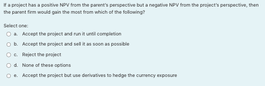 Solved If a project has a positive NPV from the parent's | Chegg.com