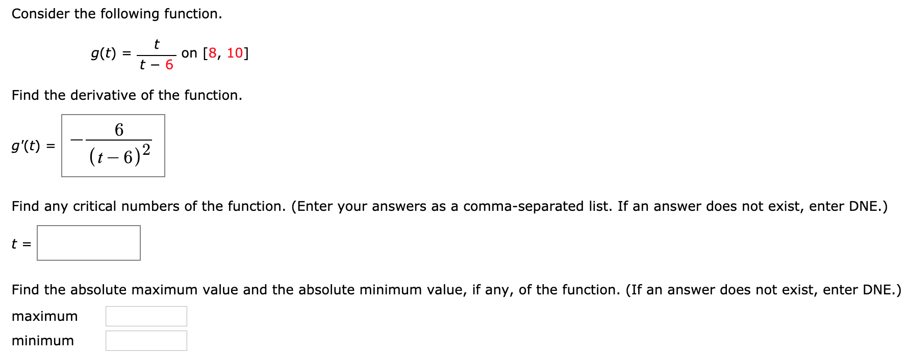 Solved Consider the following function. g(t) = t/(t − 6) on | Chegg.com