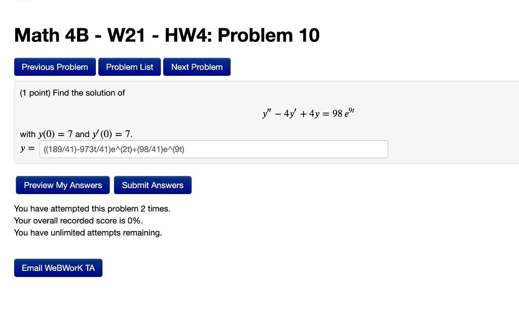 Solved Math 4B - W21 - HW4: Problem 10 Previous Problem | Chegg.com