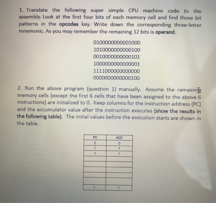 Solved 1. Translate the following super simple CPU machine | Chegg.com