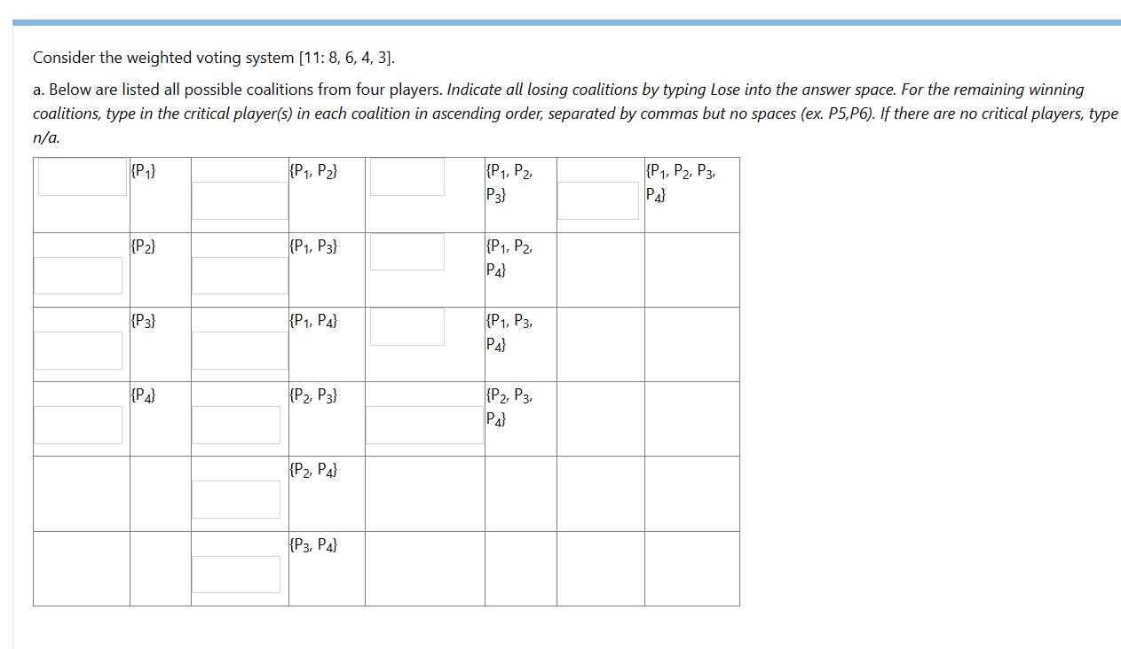 Solved Consider the weighted voting system [11: 8, 6, 4, 3]. | Chegg.com