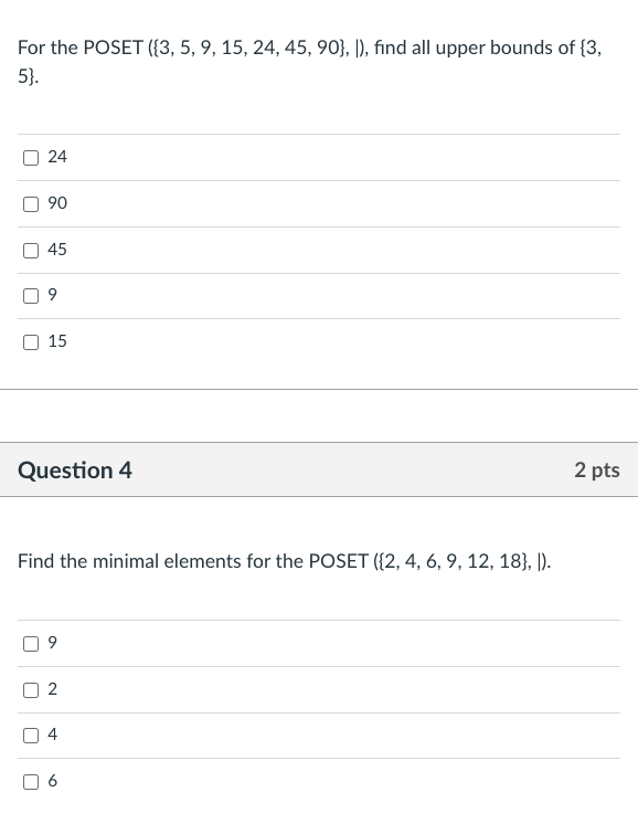 Solved For the POSET ({3, 5, 9, 15, 24, 45, 90}, ]), find | Chegg.com