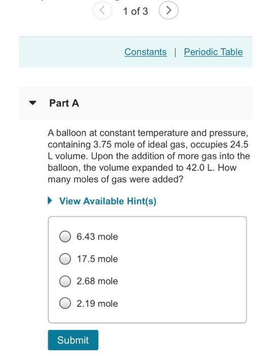 Solved 1 of 3 > Constants Periodic Table Part A A balloon at | Chegg.com