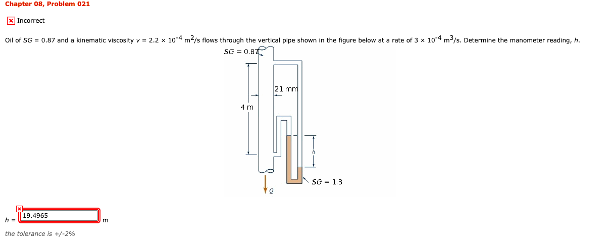 Solved Chapter 08, Problem 021 x Incorrect Oil of SG = 0.87 | Chegg.com